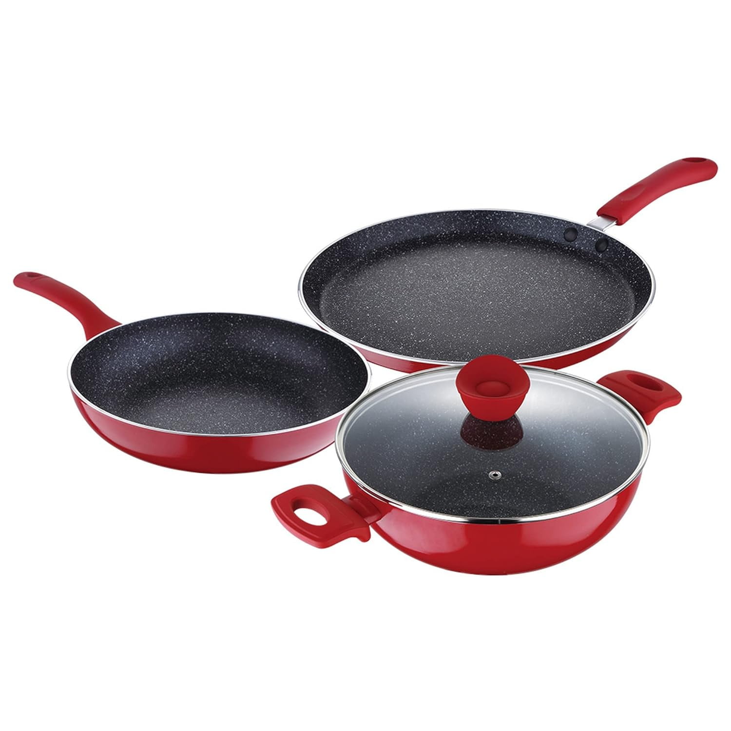 Bellini Plus 5 Layer Marble Red Cookware Set 4pcs - Kadhai With Glass ...