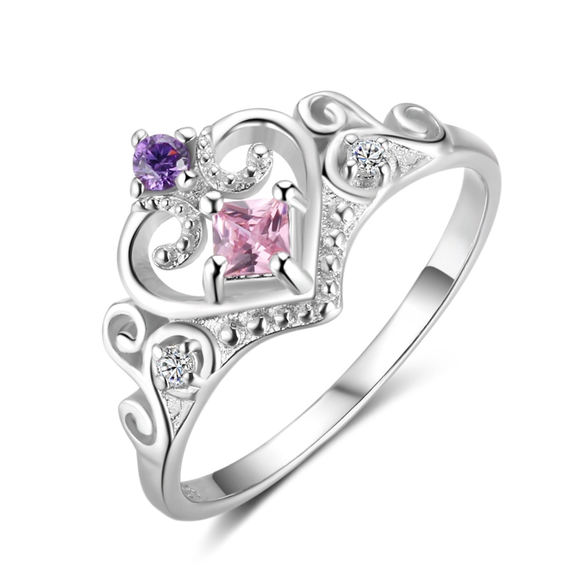 Bellitia Jewelry 925 Sterling Silver Heart Shaped Princess Crown Ring ...