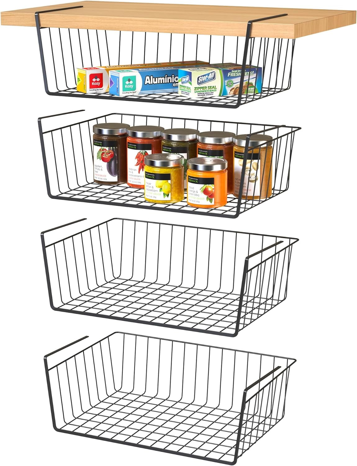 Bellsal Under Shelf Basket, 4 Pack Metal Hanging Wire Shelf Under Shelf ...