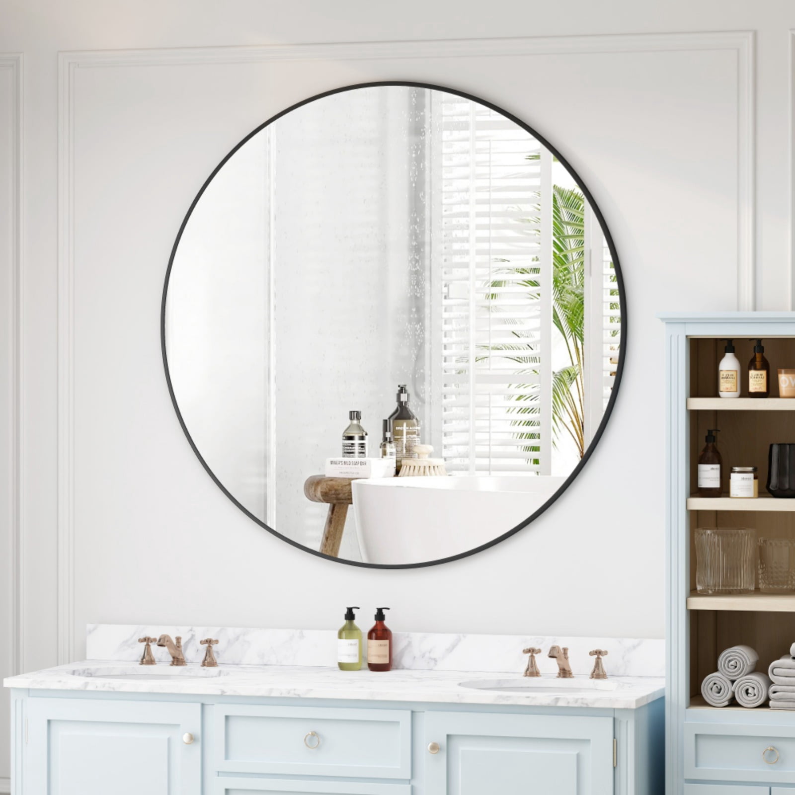 Belly Black Circular Wall Mirror, Metal Framed Vanity Mirror, Suitable ...