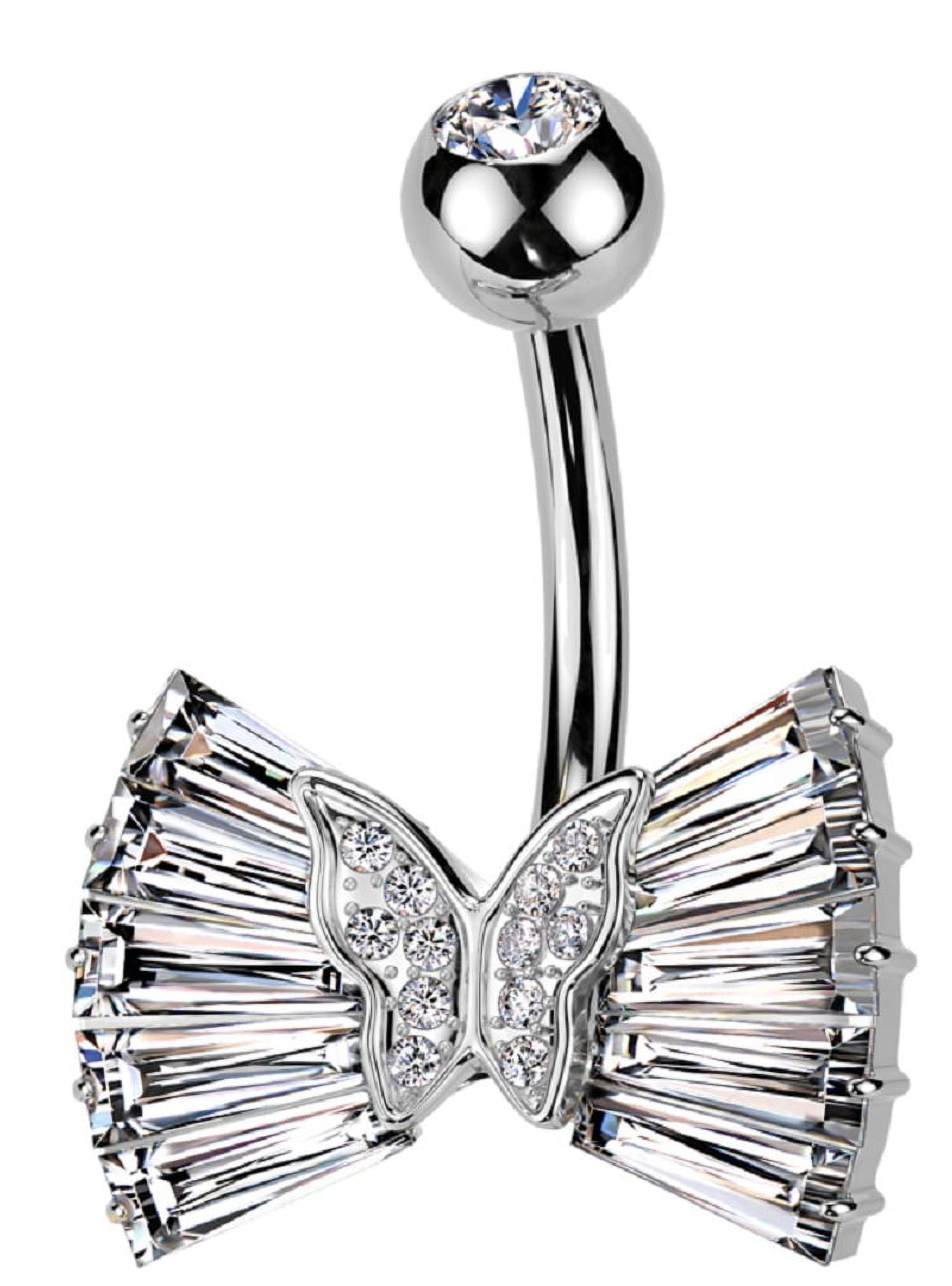 Belly Button Ring CZ Ribbon Butterfly Center Belly Button Navel ...