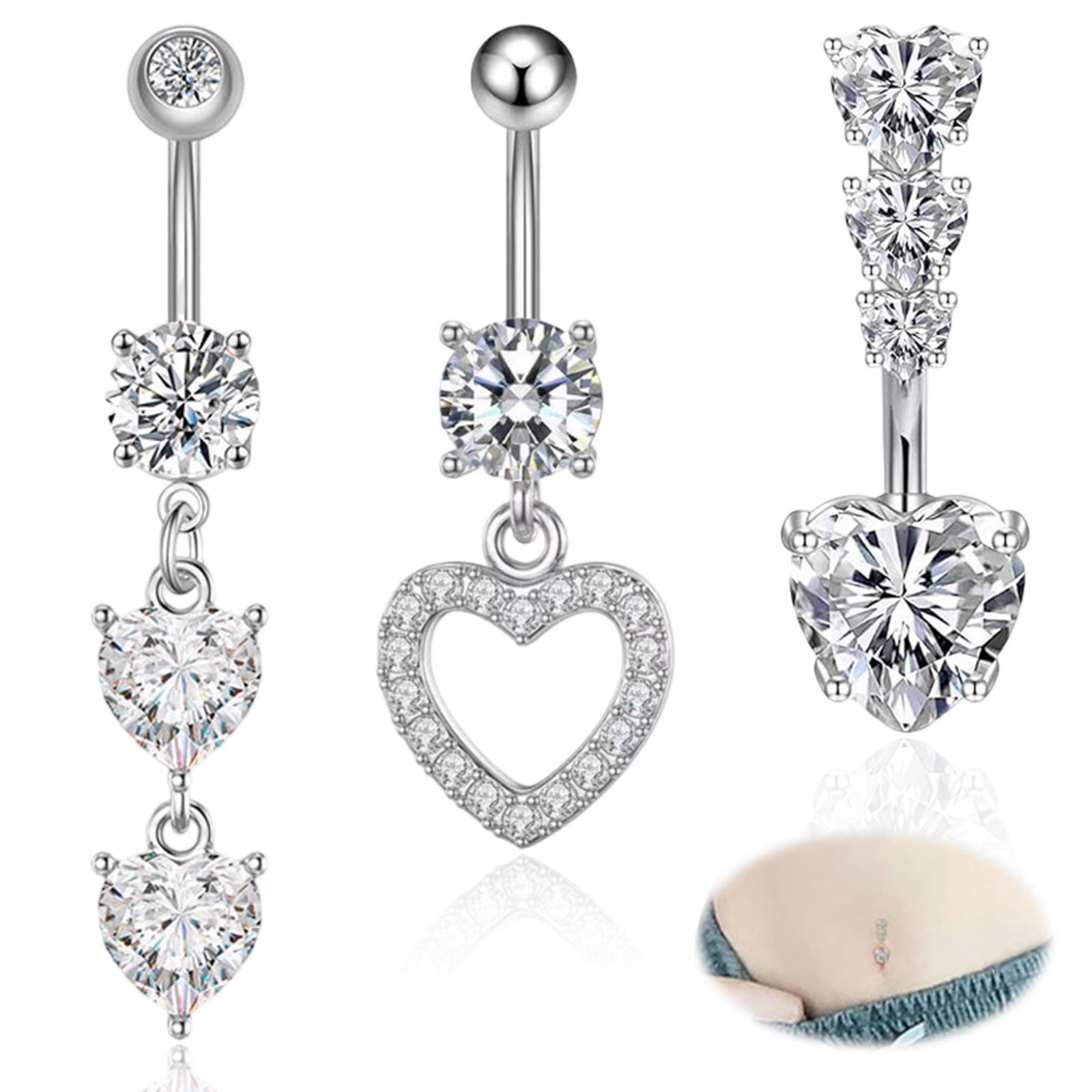 Belly Button Rings Set, 3 pcs Silver Belly Bar Surgical Steel Navel ...
