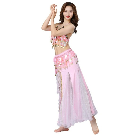 Belly Dance 3-Piece Set with Sequin Skirt & Fringe Bra Top Bollywood ...