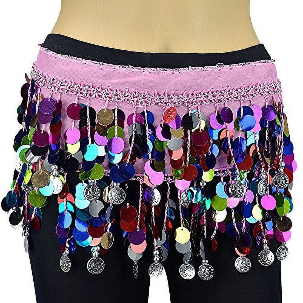 Belly Dance Hip Scarf Silver Coins Multi Color Paillettes (Pink ...