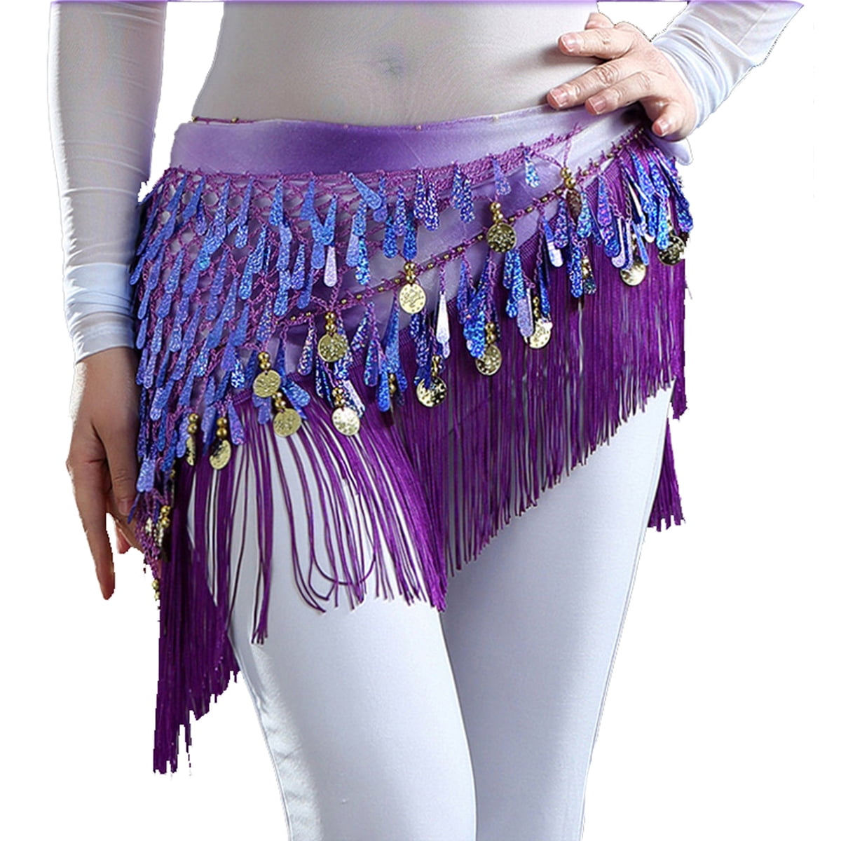Belly Dance Hip Scarf with Tassels Sequins Triangle Coins Wrap Skirt Music Festival Clothing ...