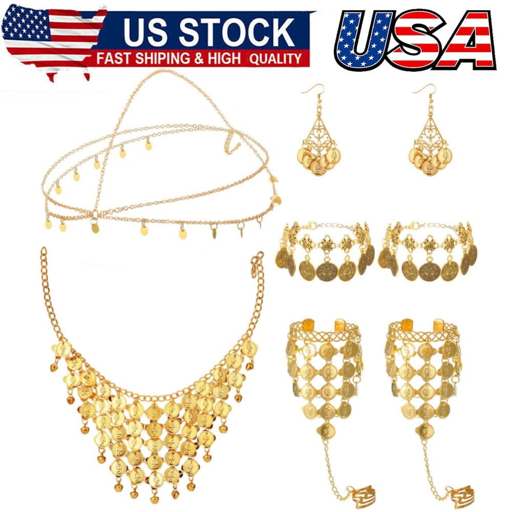 Belly Dance Jewelry Set Women Belly Dance Gold Sequins Head Chain Coins ...