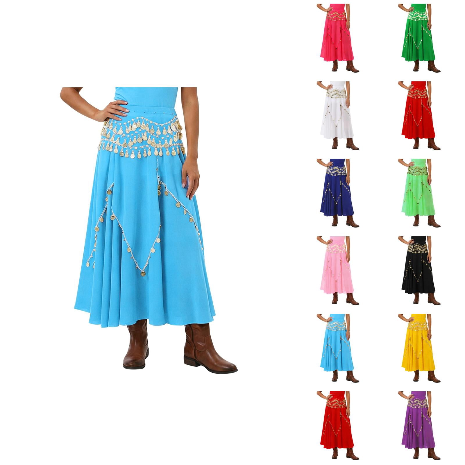 Belly Dance Skirt Casual Flowy A Line Chiffon Midi Skirt with Coins ...