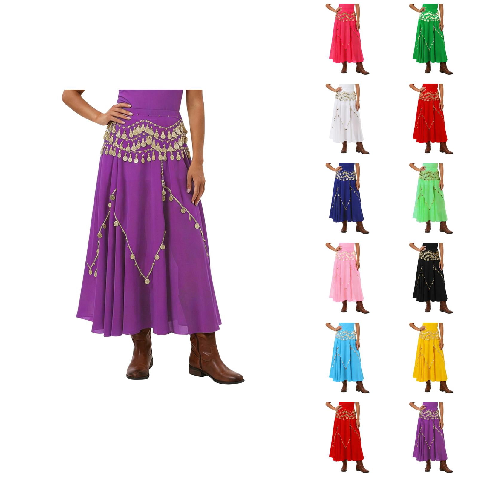 Belly Dance Skirt Casual Flowy A Line Chiffon Midi Skirt with Coins ...
