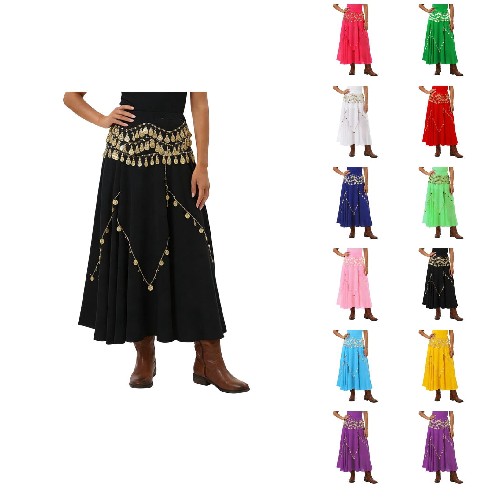 Belly Dance Skirt Casual Flowy A Line Chiffon Midi Skirt with Coins ...
