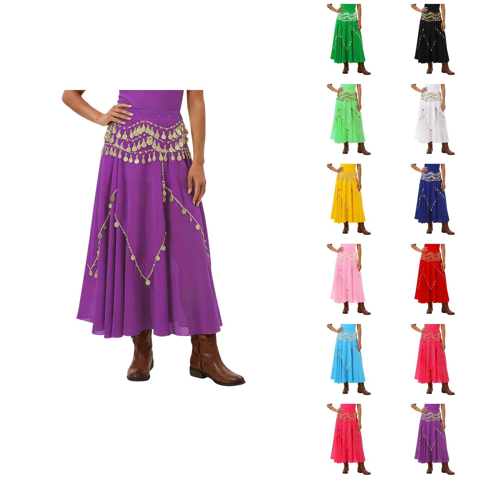 Belly Dance Skirt Fashion Ruffled A Line Chiffon Midi Skirt with Coins ...
