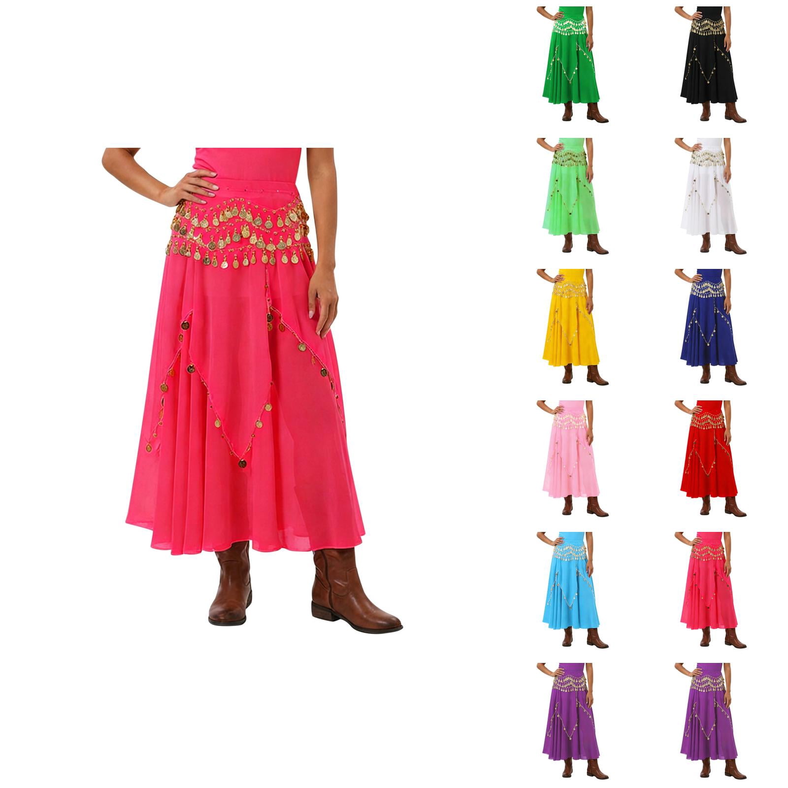 Belly Dance Skirt Fashion Ruffled A Line Chiffon Midi Skirt with Coins ...