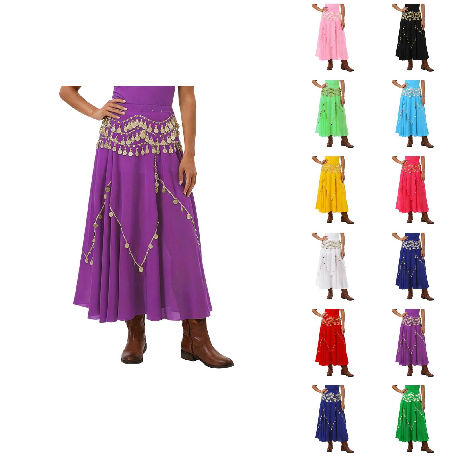 Belly Dancer Skirt Fashion Ruffled A Line Chiffon Midi Skirt with Coins ...