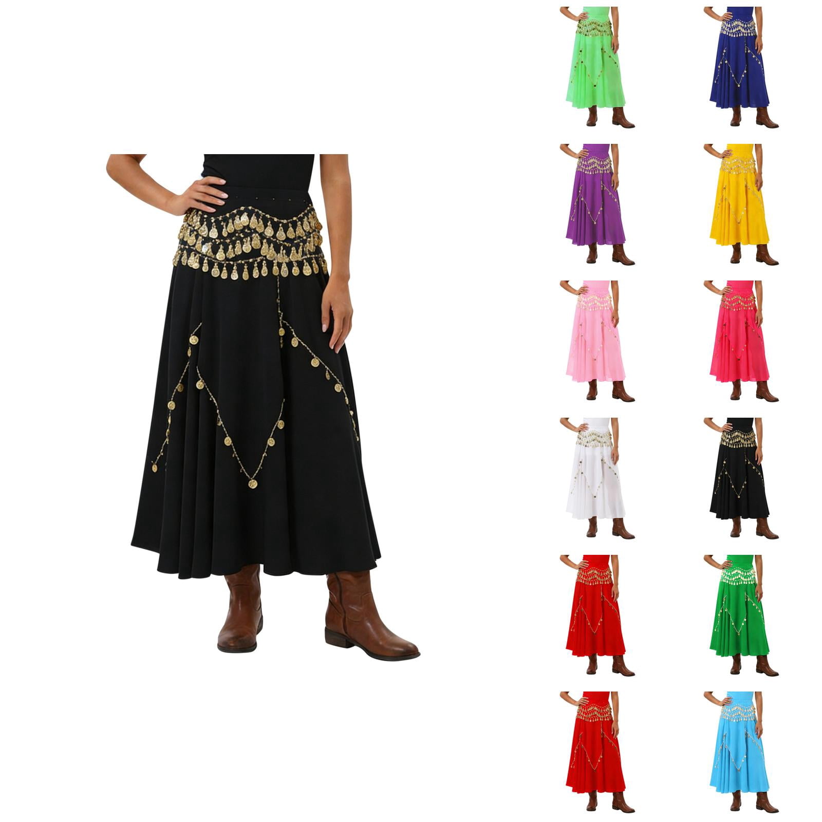 Belly Dancer Skirt Trendy Flowy A Line Midi Chiffon Skirt with Coins ...