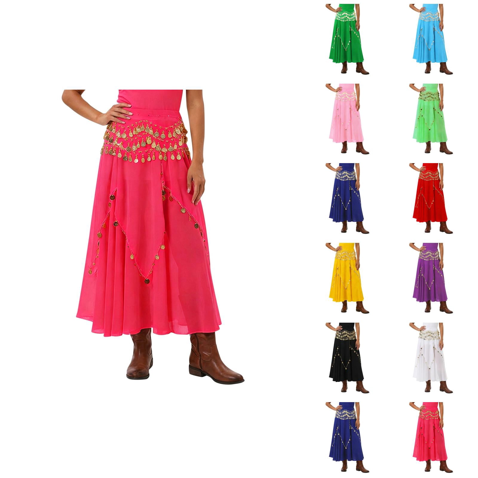 Belly Dancer Skirt Trendy Flowy A Line Midi Chiffon Skirt with Coins ...
