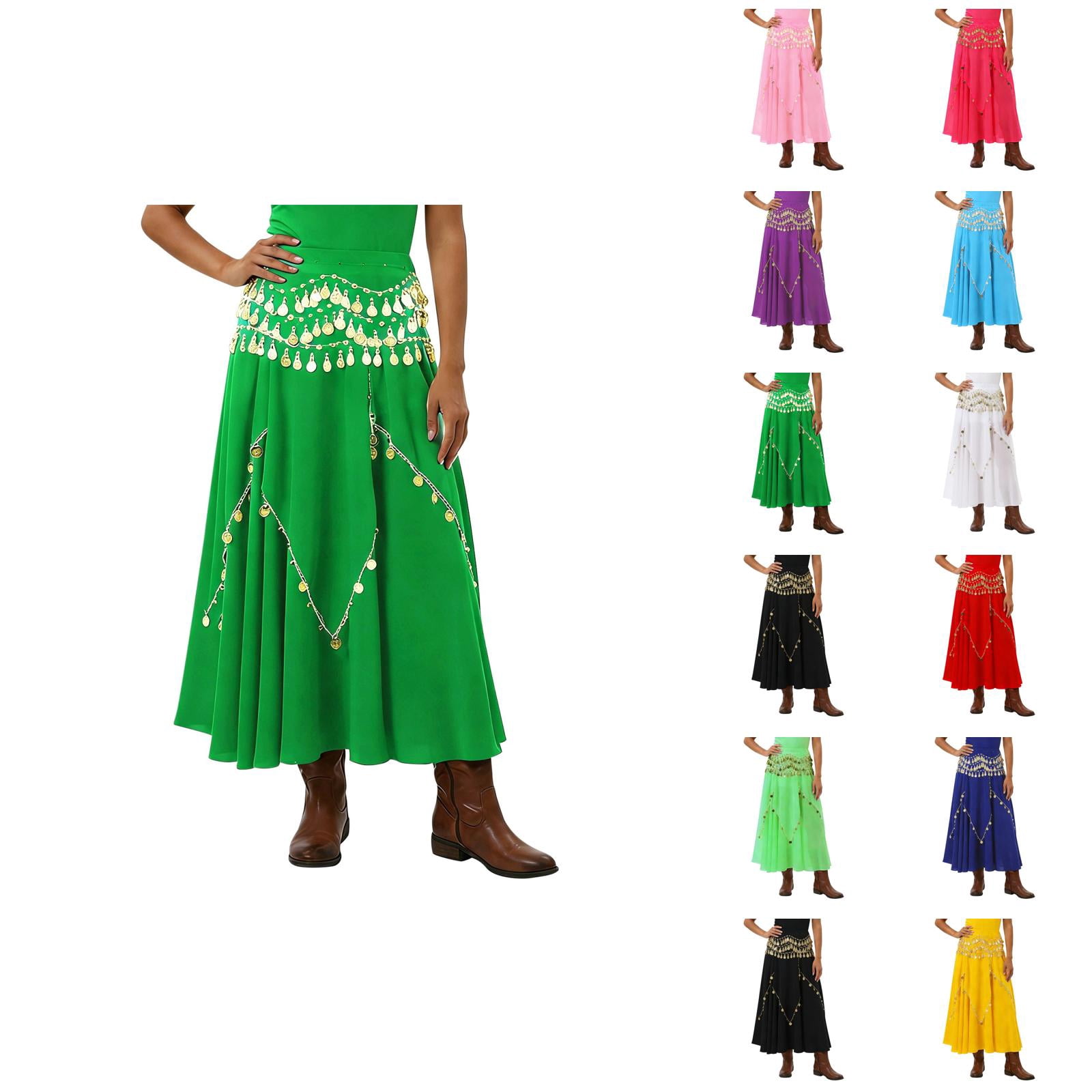 Belly Dancer Skirt Trendy Ruffled A Line Chiffon Midi Skirt with Coins ...