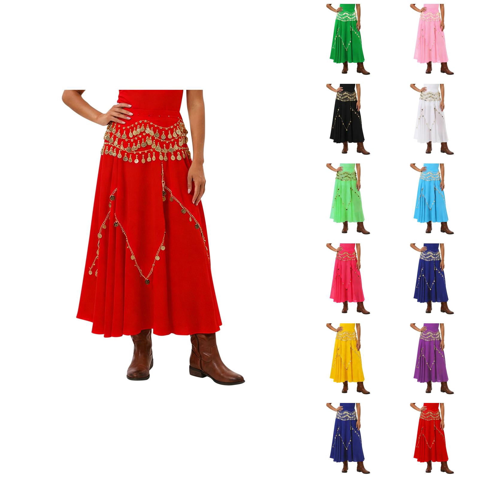 Belly Dancer Skirt Trendy Ruffled A Line Chiffon Midi Skirt with Coins ...