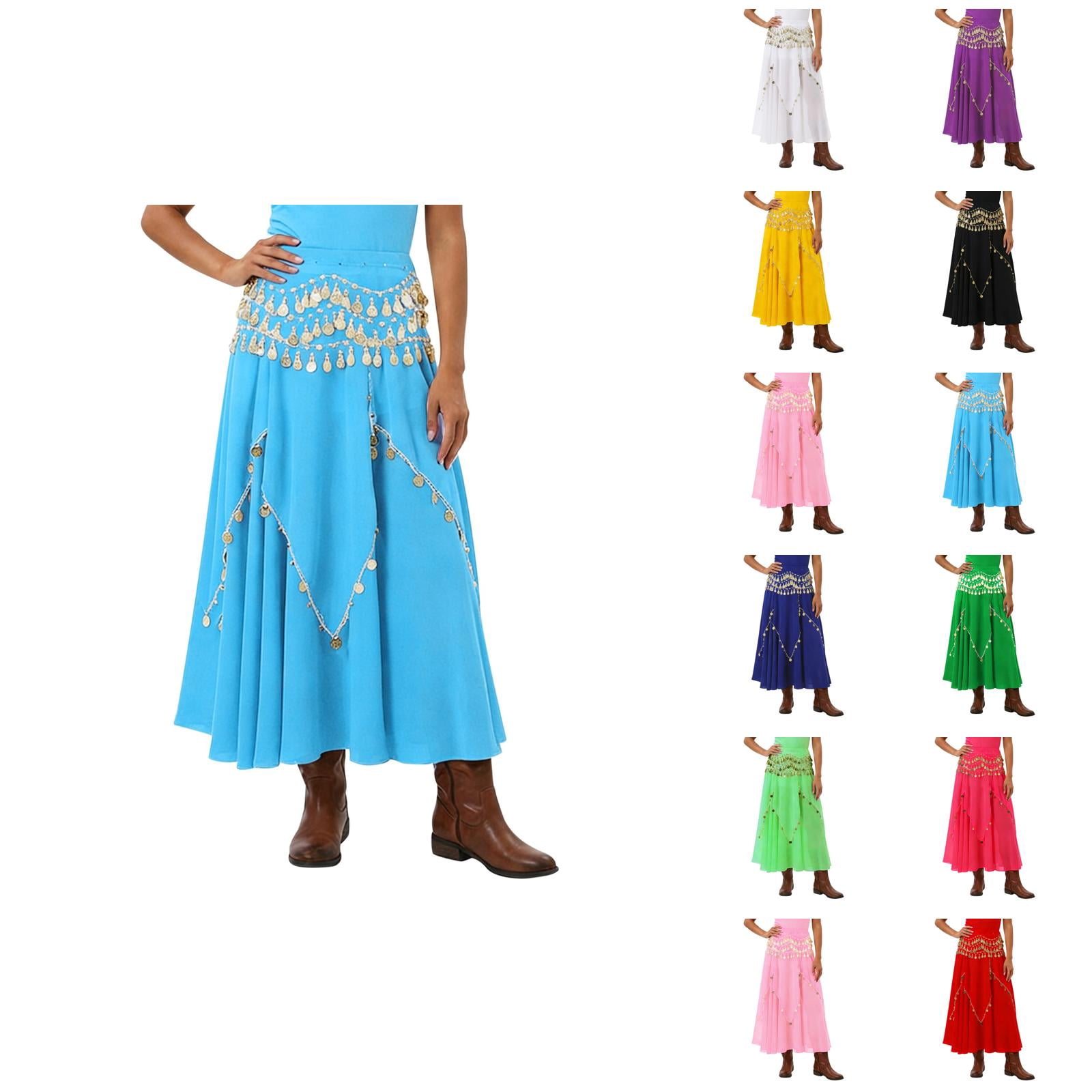 Belly Dancer Skirt Trendy Ruffled A Line Midi Chiffon Skirt with Coins ...