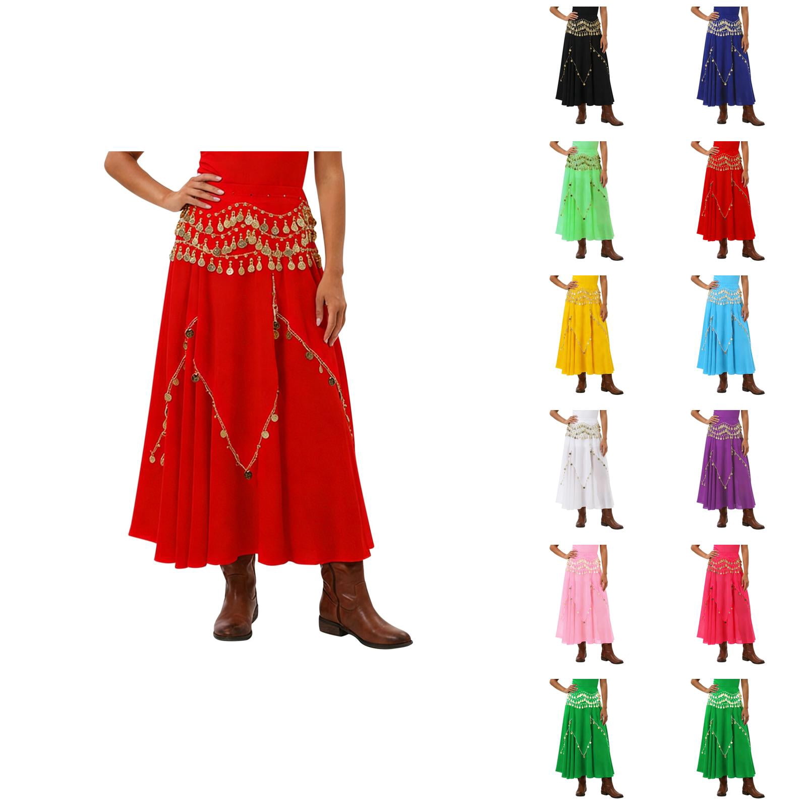 Belly Dancing Skirt Casual Flowy A Line Chiffon Midi Skirt with Coins ...