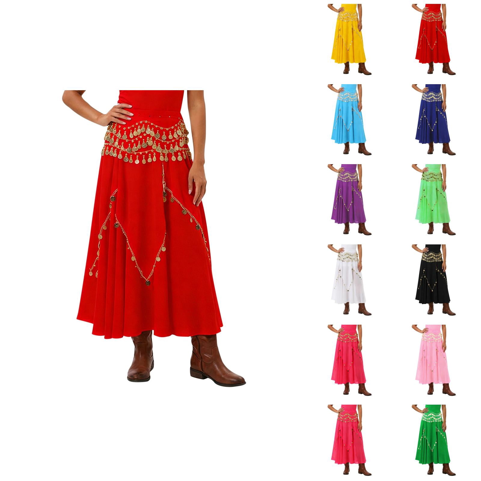 Belly Dancing Skirt Casual Ruffled A Line Chiffon Midi Skirt with Coins ...