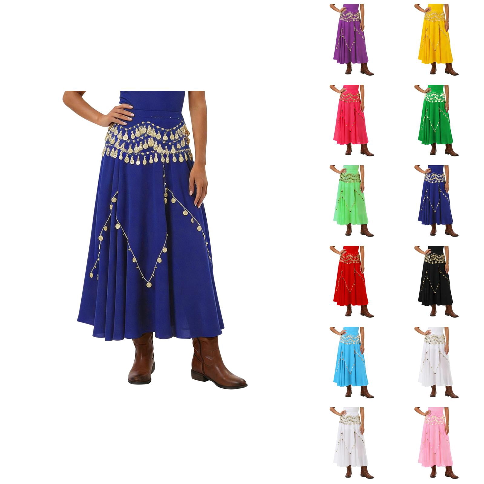 Belly Dancing Skirt Trendy Ruffled A Line Midi Chiffon Skirt with Coins ...
