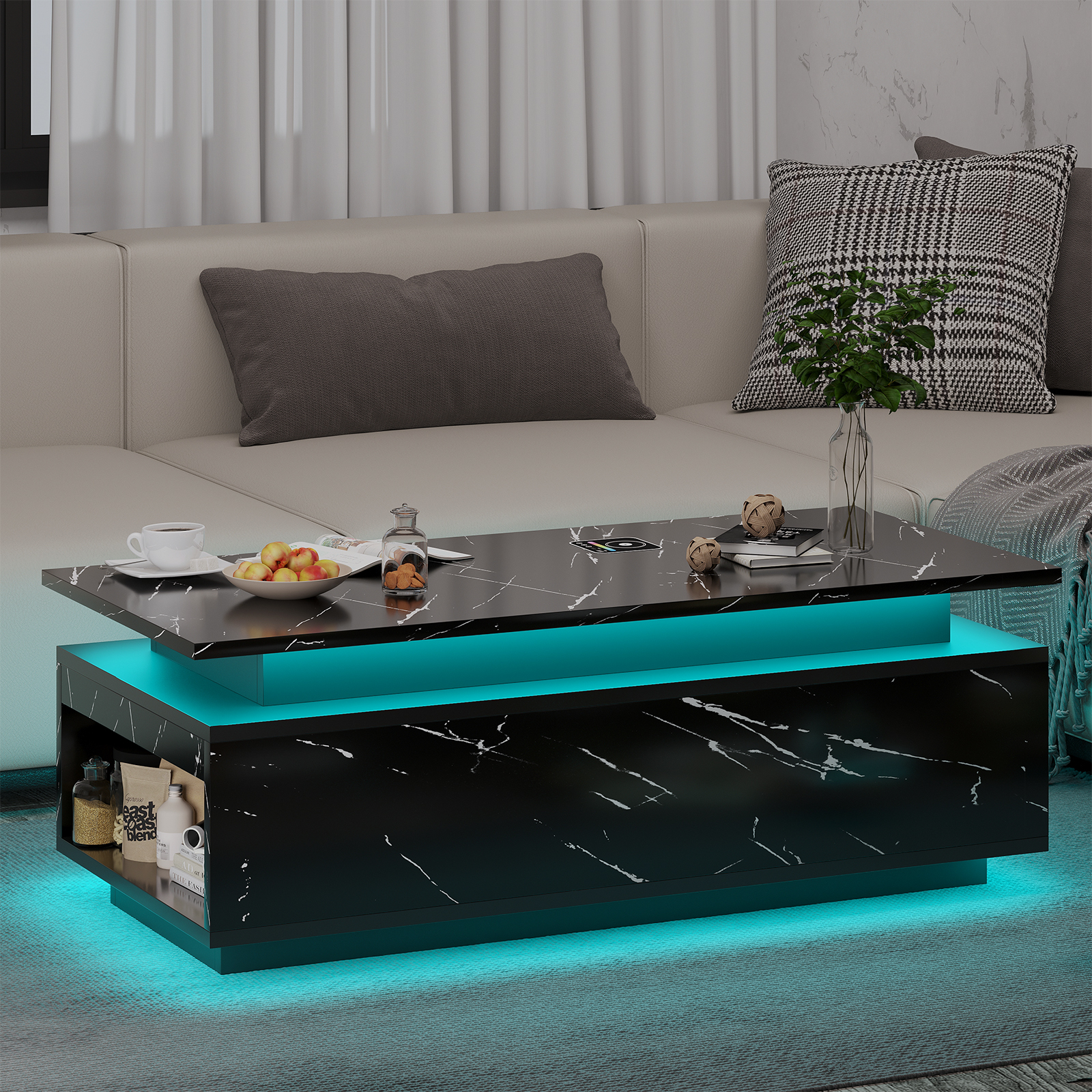 Square Coffee Table with Plug-in 16-color LED Lights, Modern Sofa Table ...