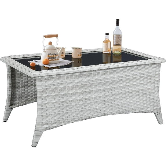 Belord Outdoor Coffee Table with Tempered Glass Top, Patio Rectangular ...