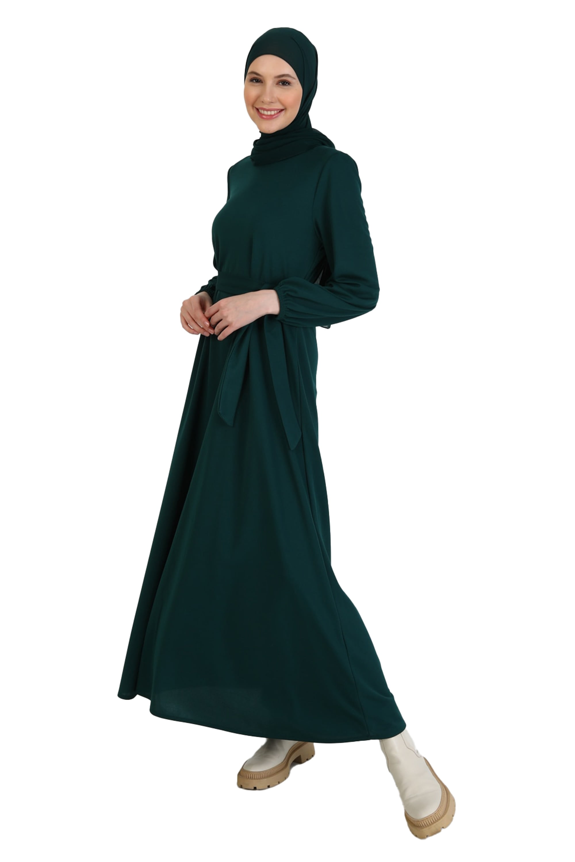 Belt Detailed Modest Dress Emerald Green - Walmart.com