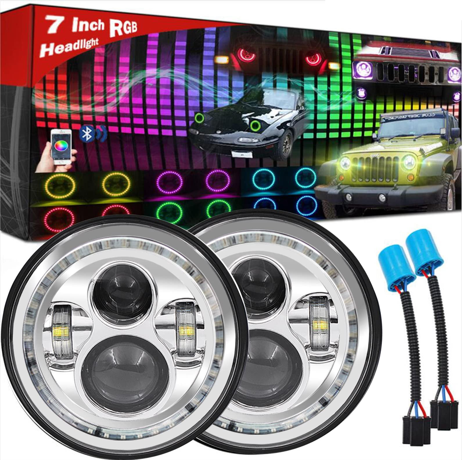 BeltandRoad 7 inch LED MMF7 Headlights RGB Halo Ring Eyes 7” Round ...