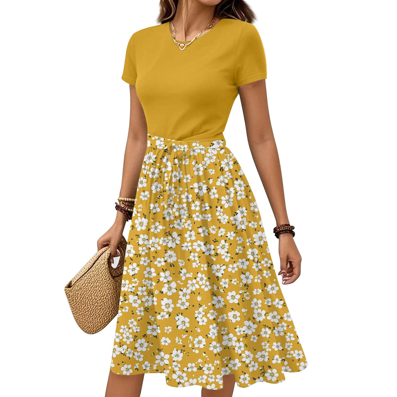 Belted Floral Dress Women's Casual Fashion Short Sleeve Round Neck ...