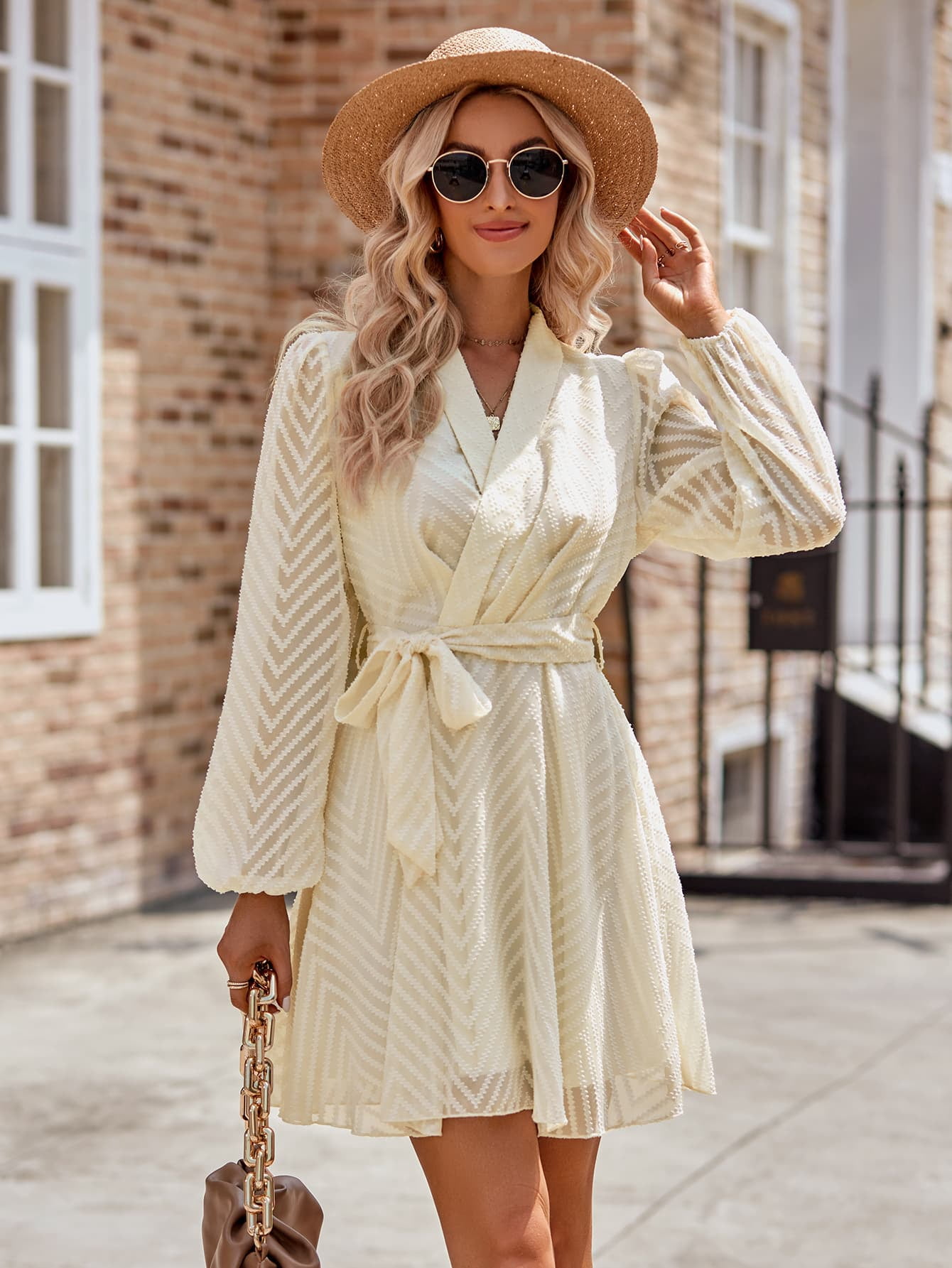 Belted Surplice Neck Long Sleeve Mini Dress - Walmart.com