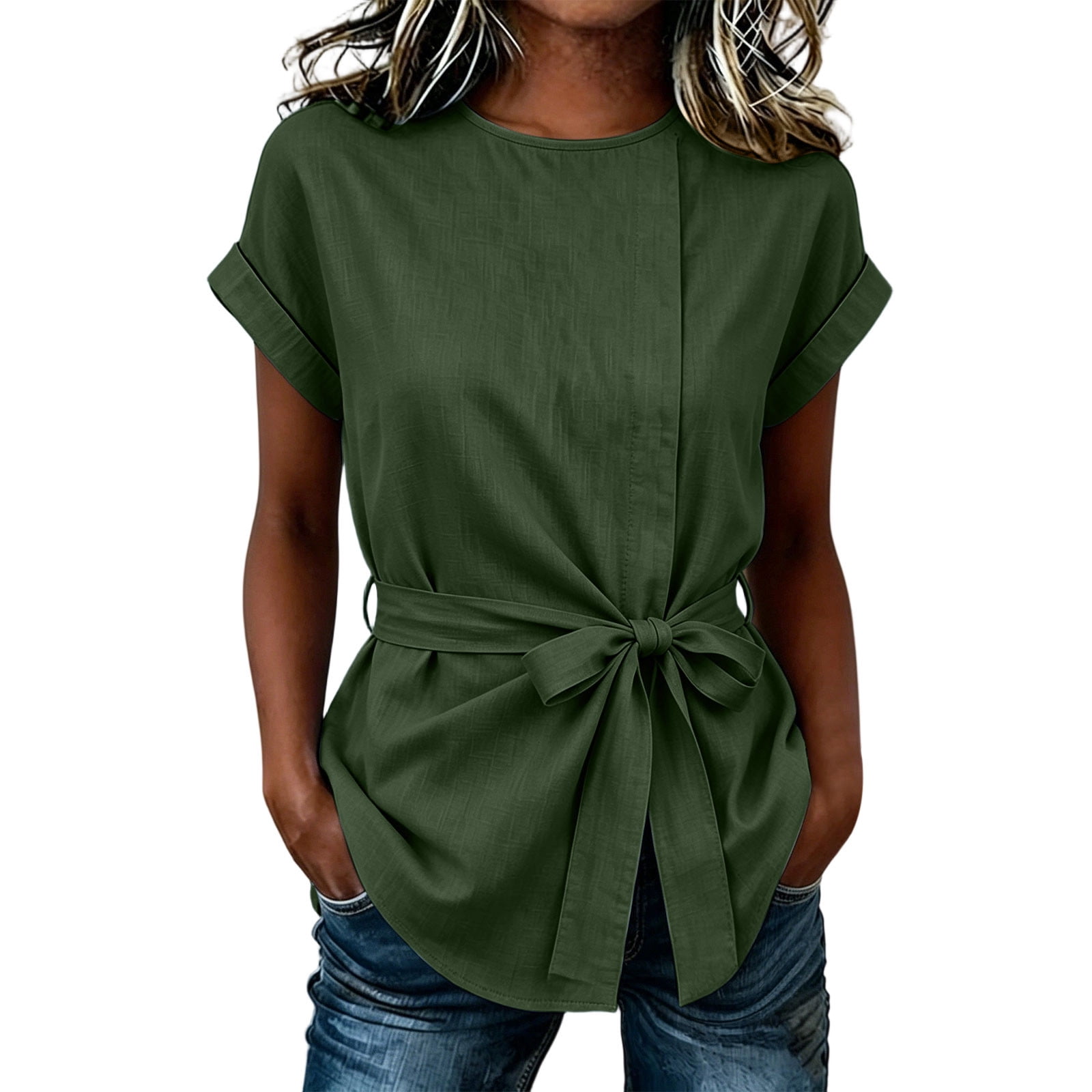 Belted Tops for Women Summer Office Work Crew Neck Short Sleeve Blouses ...