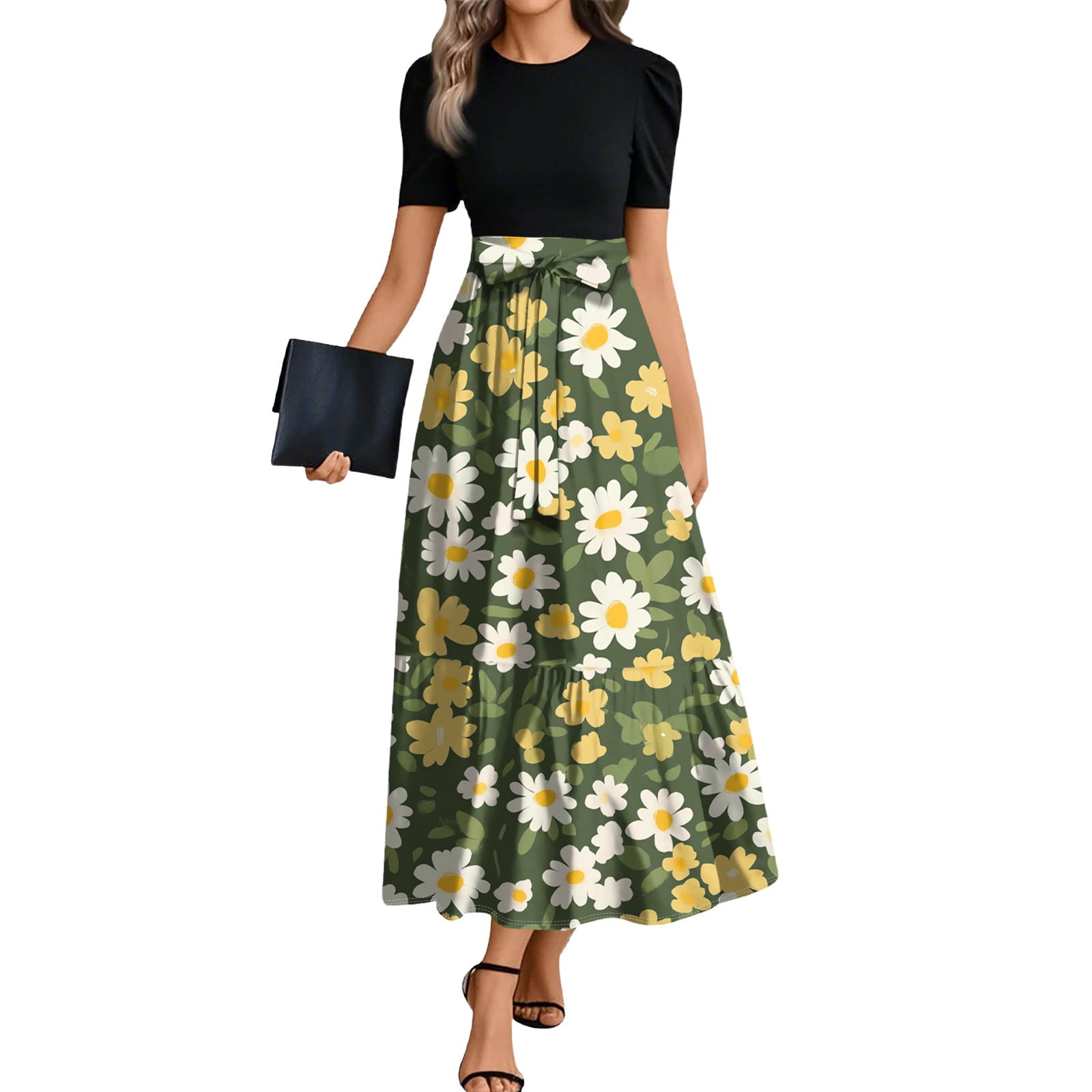 Belted Waist Floral Dress Polyester, A Line Summer Dresses for Women ...
