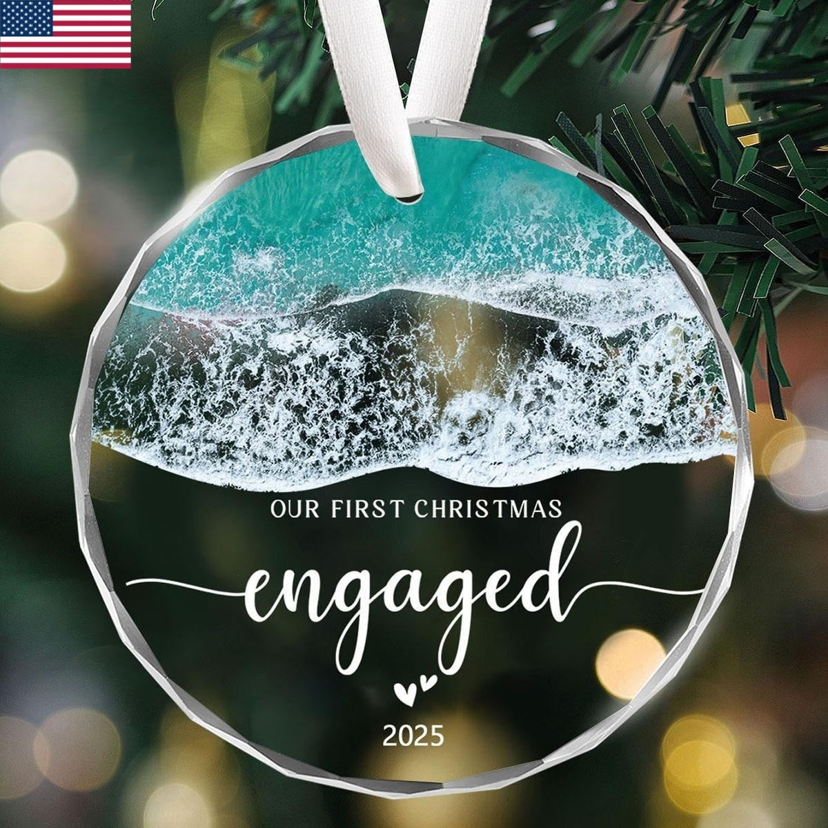 Belvo Our First Winter Holiday Engaged 2025, Round Glass Keepsake Beach Sand Sea Ornament, Glass ...
