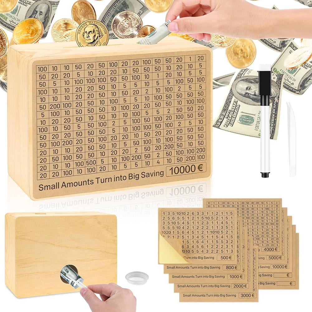Bemaystar Money Box with Number Checks: Reusable Wooden Money Box New ...