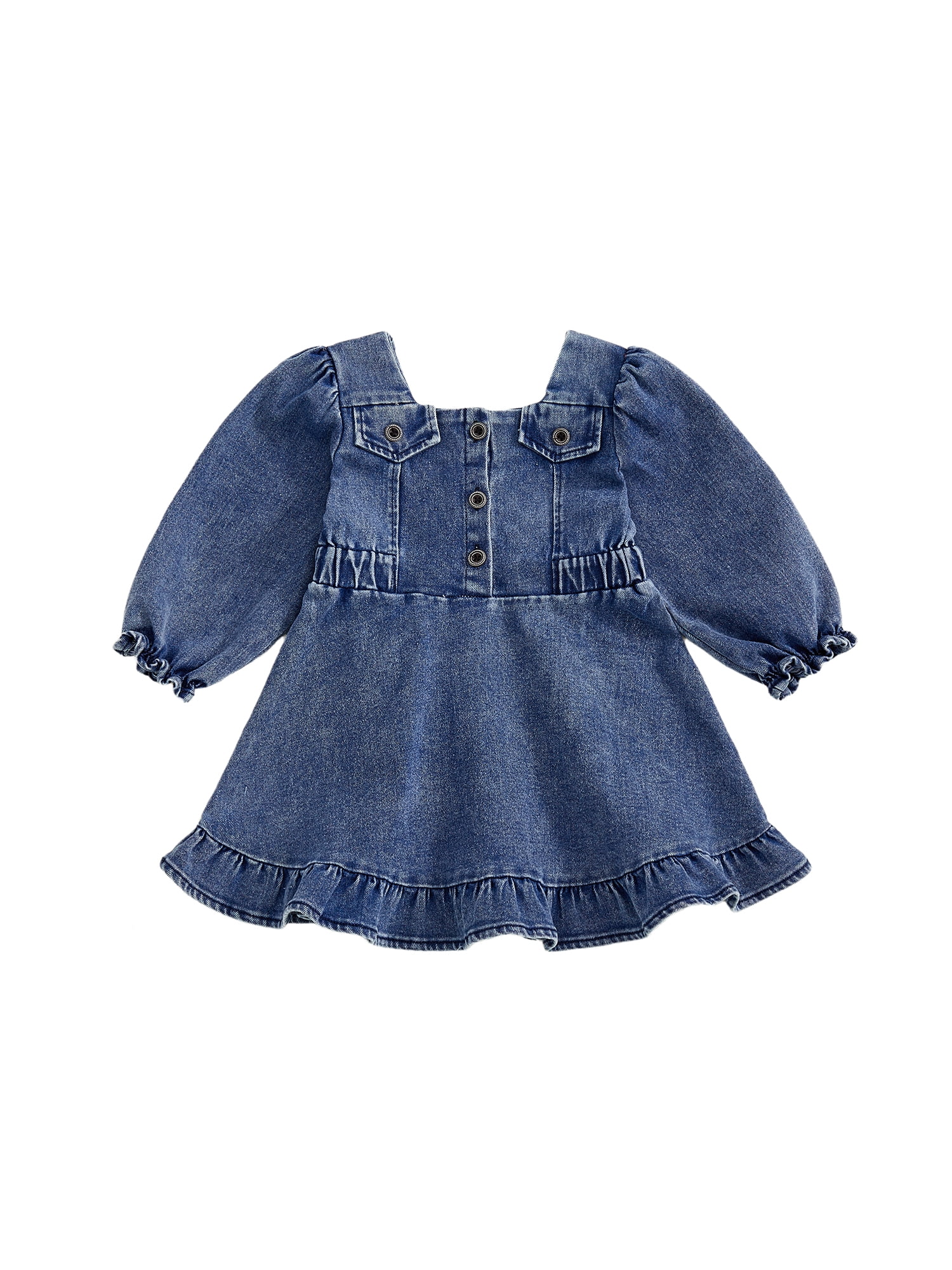 BemeyourBBs Baby Girl Denim Dress Long Puff Sleeve Button Down Ruffle ...