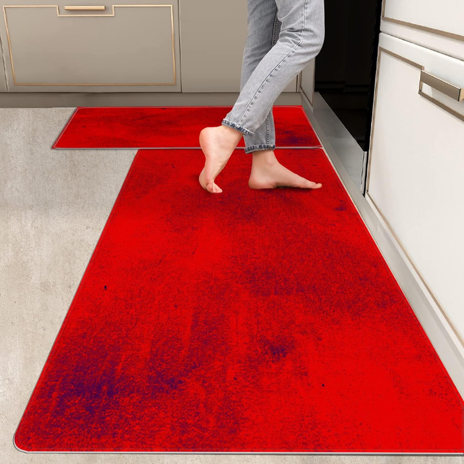 Bemopr Modern Red Kitchen Mat, 17" x 48" + 17" x 24", Anti Skid (2 ...