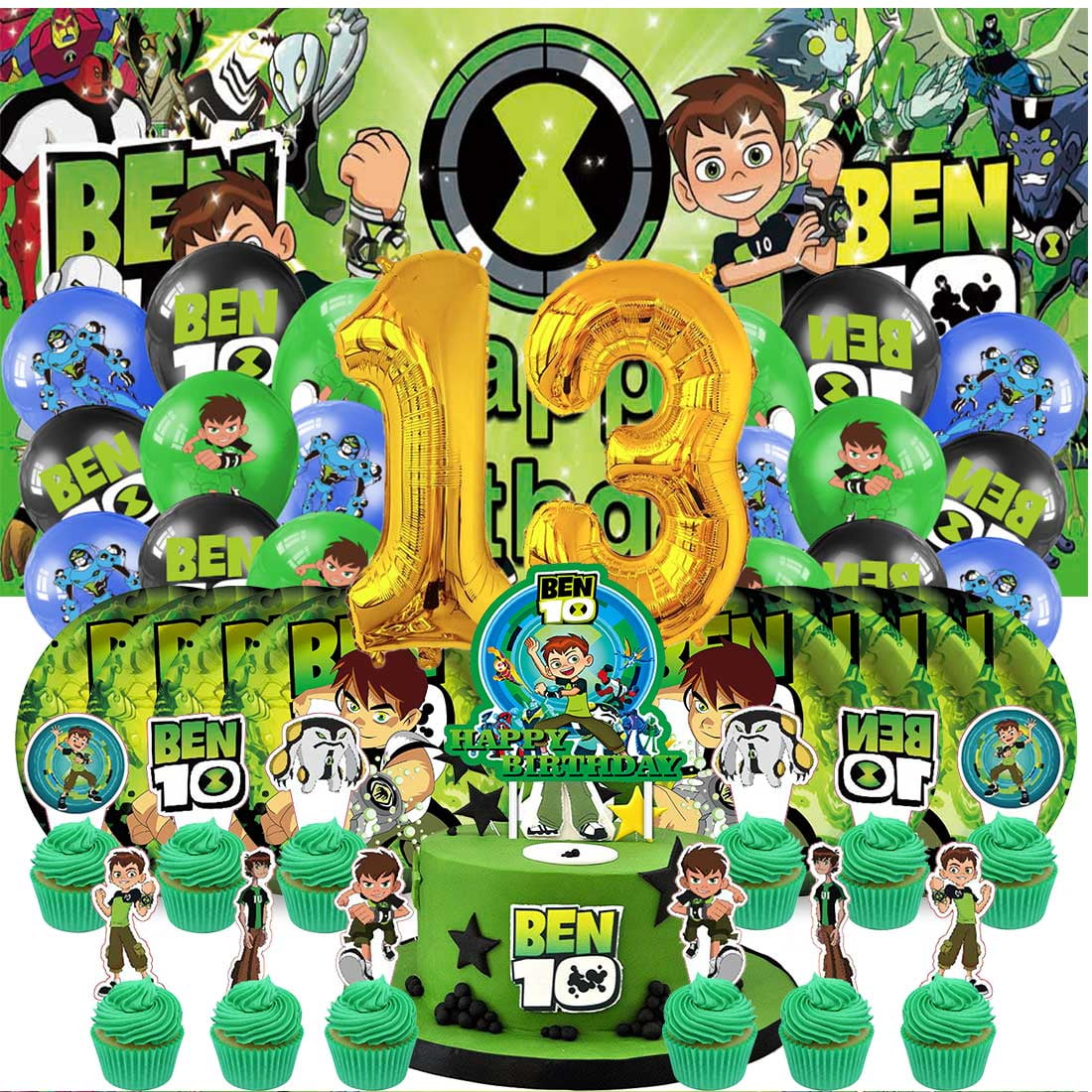 Ben 10 Balloons Party Supplies 13th Decor Tableware Birthday Cake ...
