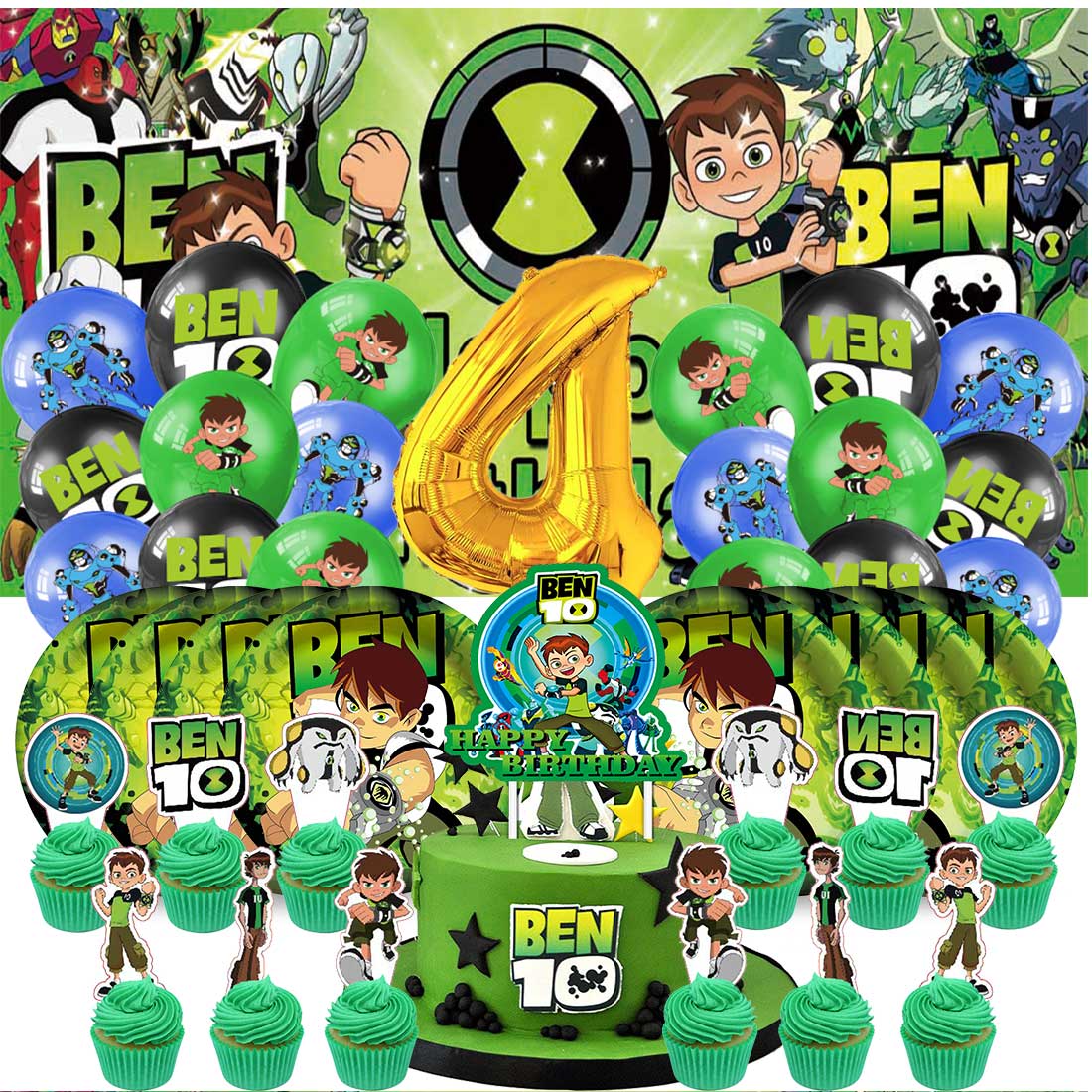 Ben 10 Balloons Party Supplies 4th Decor Tableware Birthday Cake Topper ...