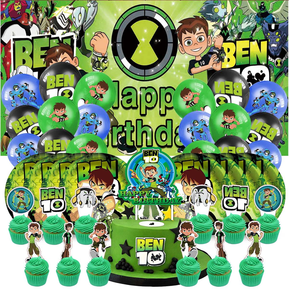Ben 10 Birthday Party Supplies Balloons Plates Decoration Cake Topper ...