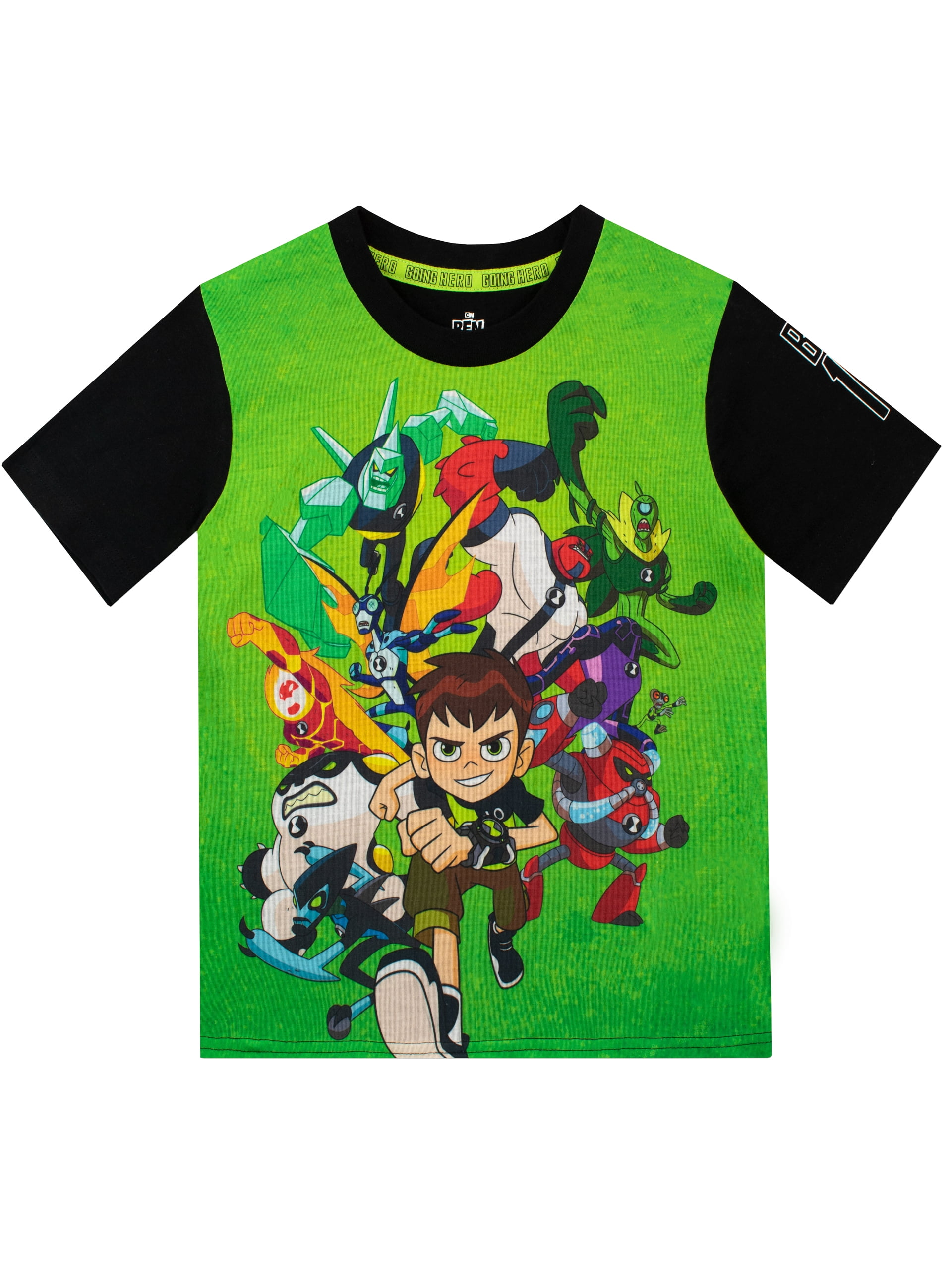 Ben 10 Boys Green T-Shirt with Alien Heroes Print and Black Sleeves ...