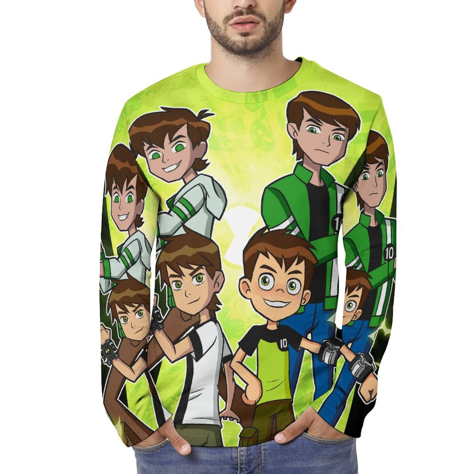 Ben 10 Long Sleeve Shirts for Men Trendy Streetwear Crew Neck Tops Full ...