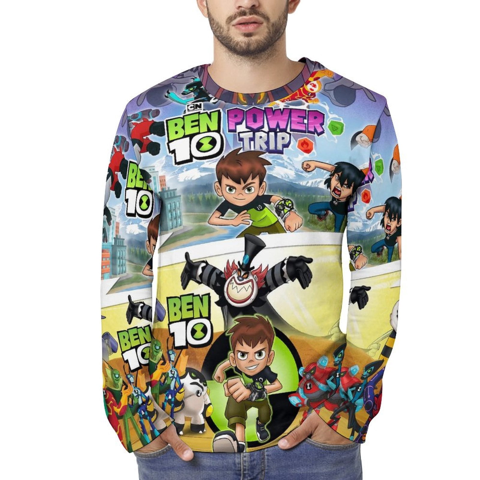 Ben 10 Long Sleeve Shirts for Men Trendy Streetwear Crew Neck Tops Full ...