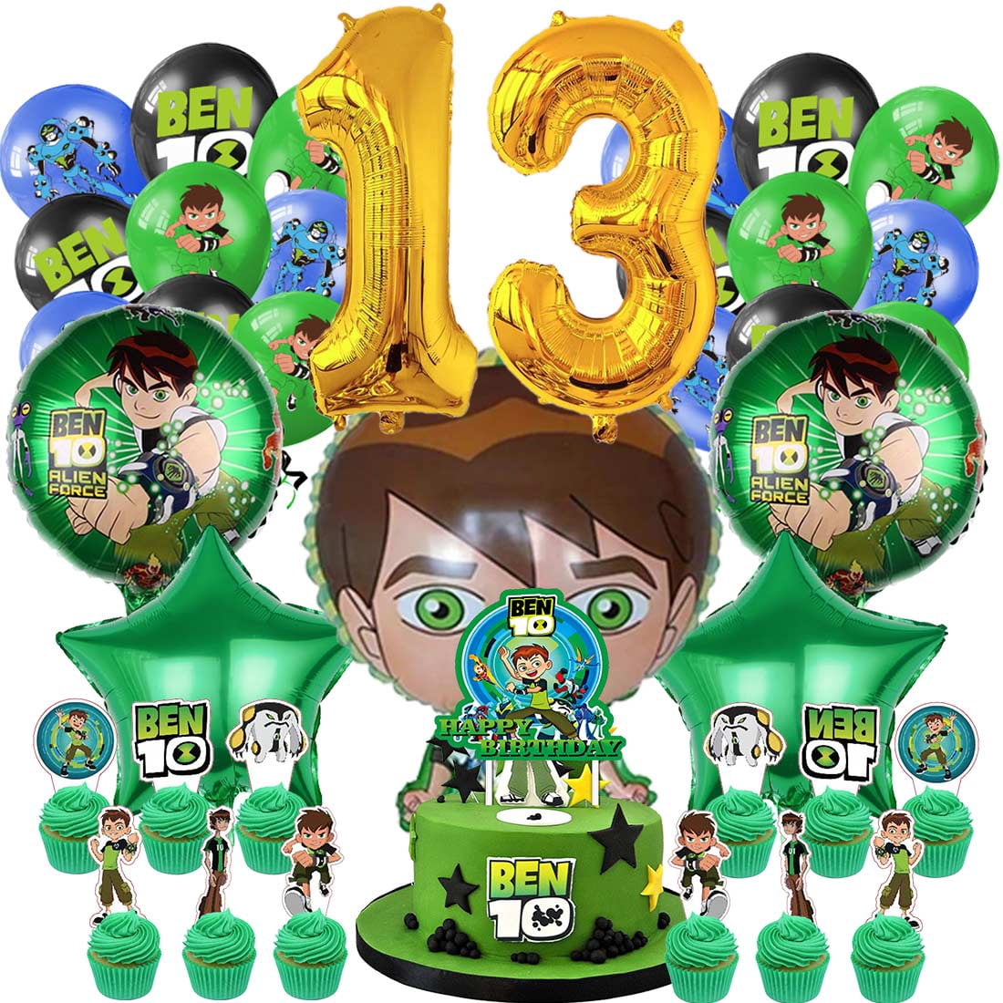 Ben 10 Party Supplies 13th Decor Kit Balloons Birthday Cake Topper ...