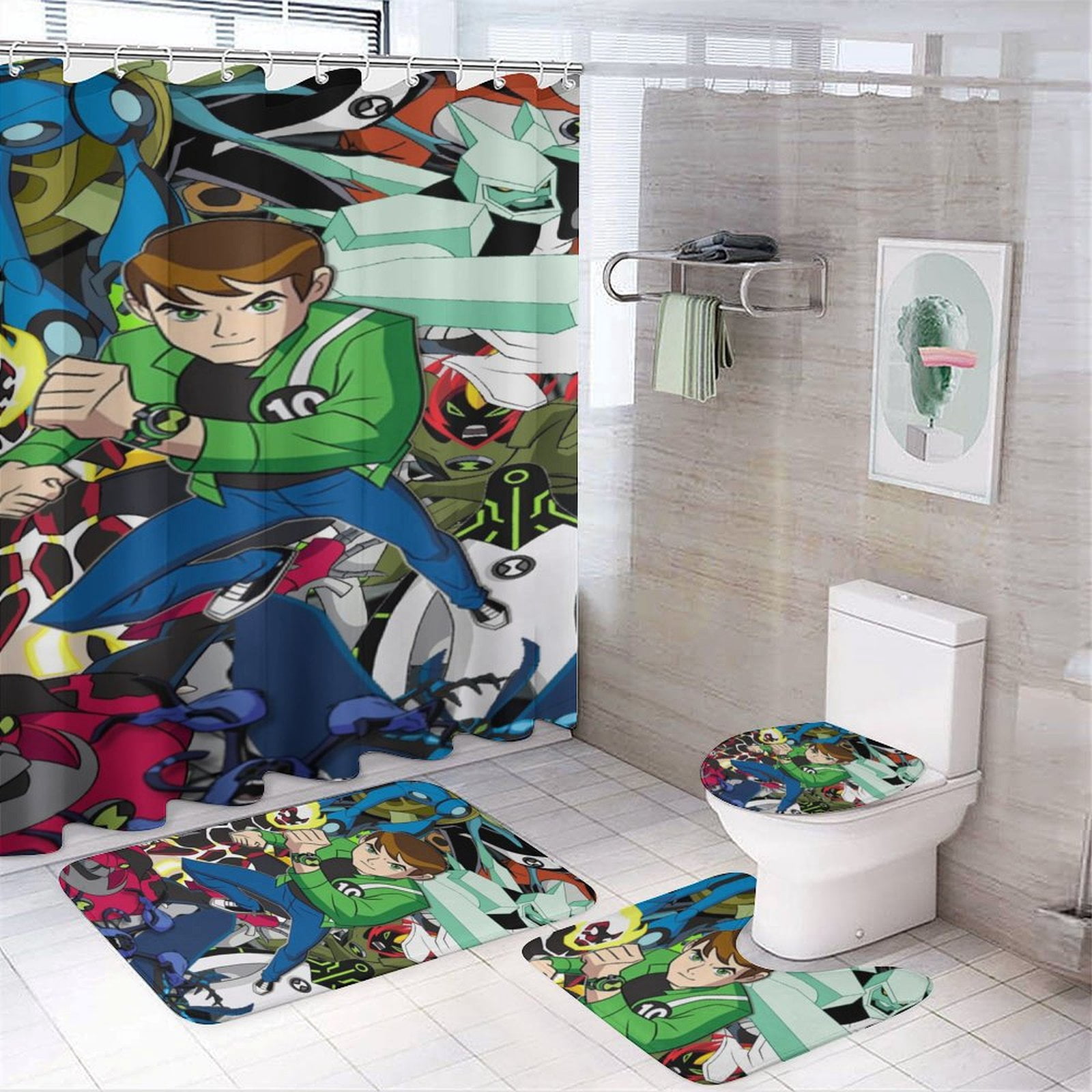 Ben 10 Shower Curtain Set for Decor,Nons Slip Bathroom Rugs U Shaped ...