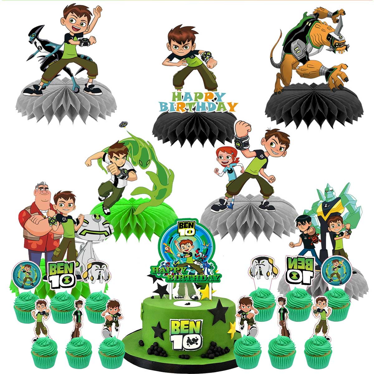 Ben 10 Party Decor Supplies Table Toppers Honeycomb Centerpieces Cake ...
