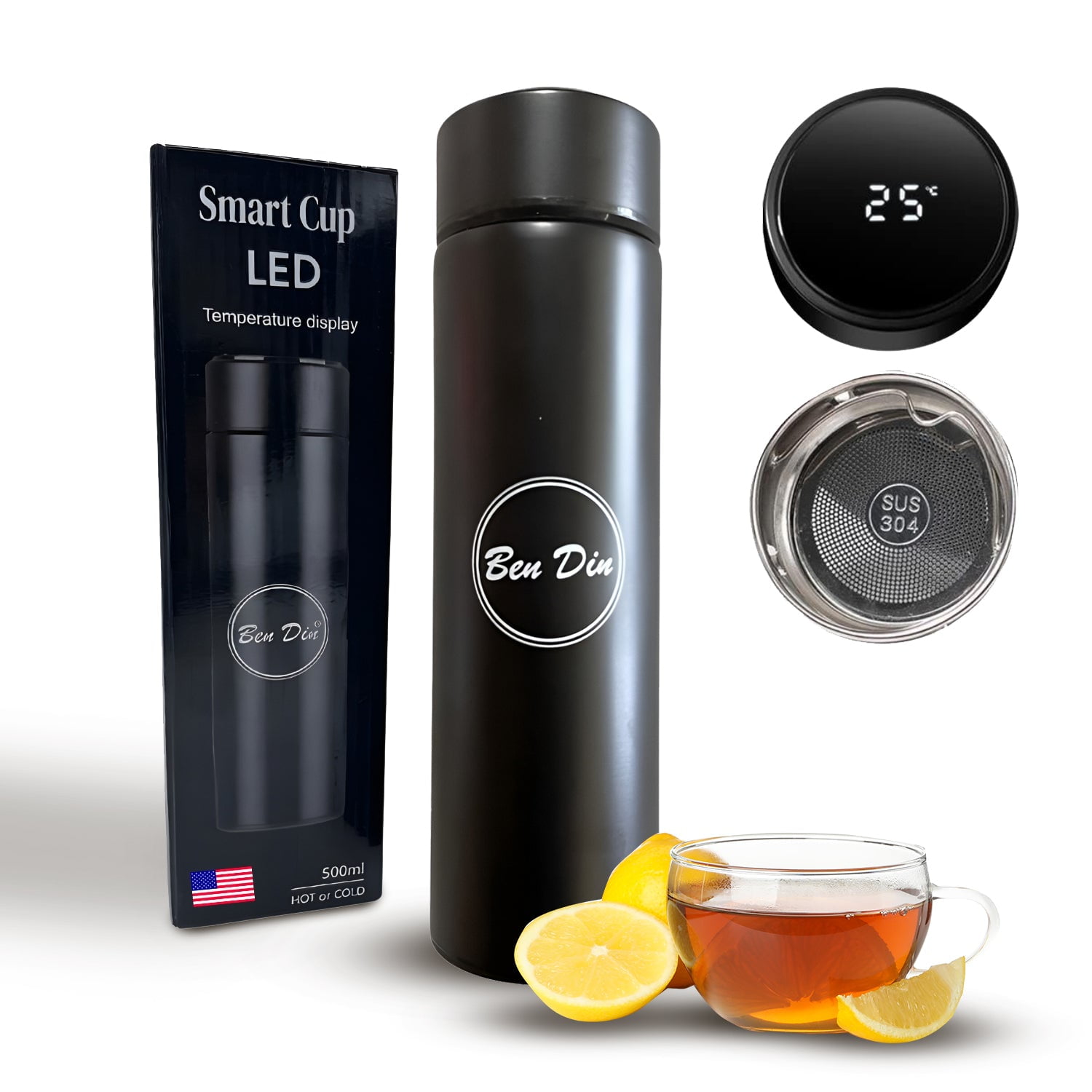Ben Din Clothing LED Temperature Display Water Bottle Thermos 16 oz ...