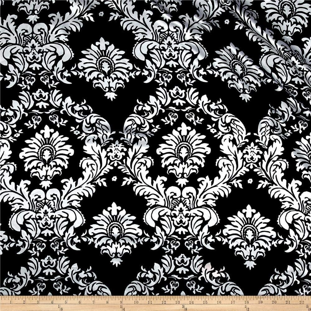 Ben Textiles Charmeuse Satin Old Damask Black/White Fabric By The Yard ...