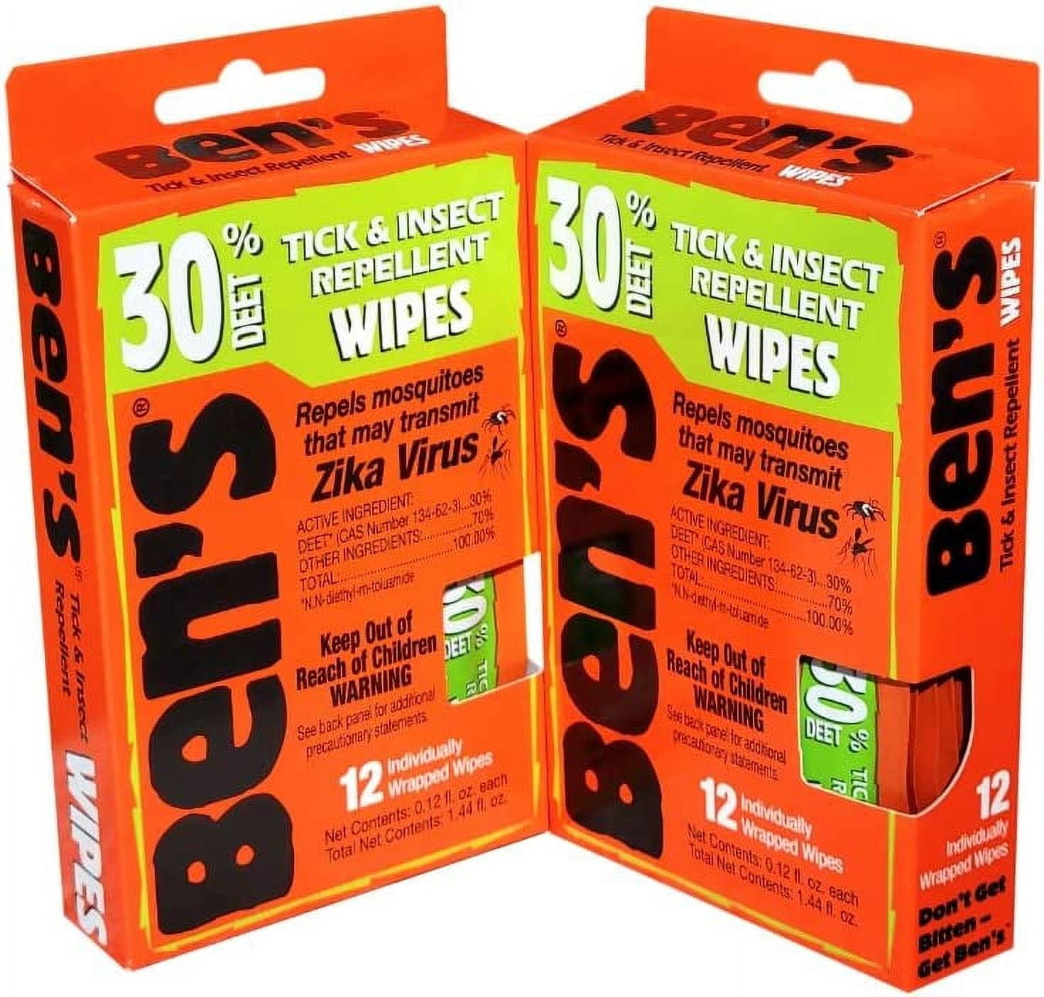 Ben's 30 DEET Mosquito and Tick Repellent Wipes, Individually Wrapped ...