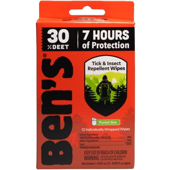 Ben's 30% DEET Tick & Insect Repellent Wipes for Human Skin, 12 Count ...