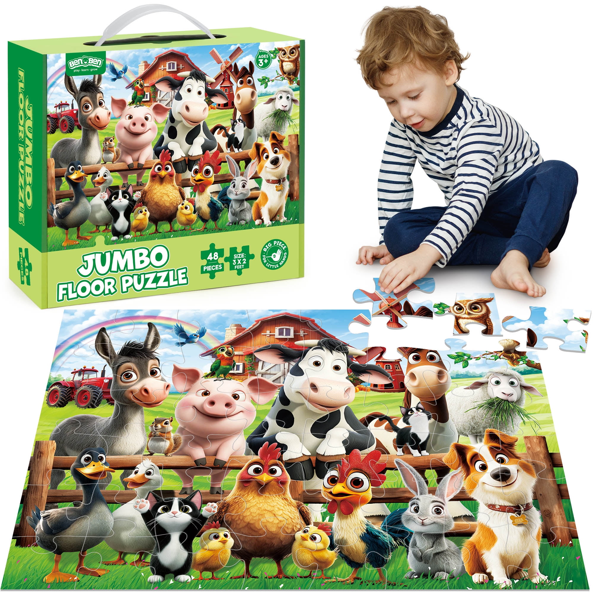 BenBen Floor Puzzles for Kids Ages 3-6, Farm Animals, 48 Piece Large ...